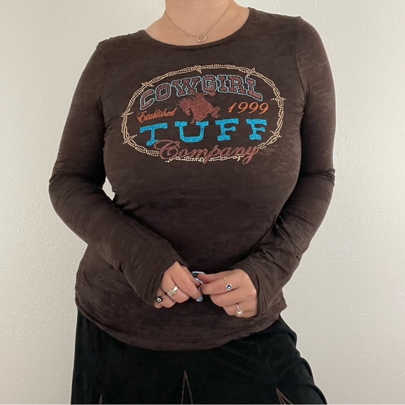Cowgirl Tuff | Tops | Cowgirl Tuff Y2k Brown Semi Sheer Western Studs ...